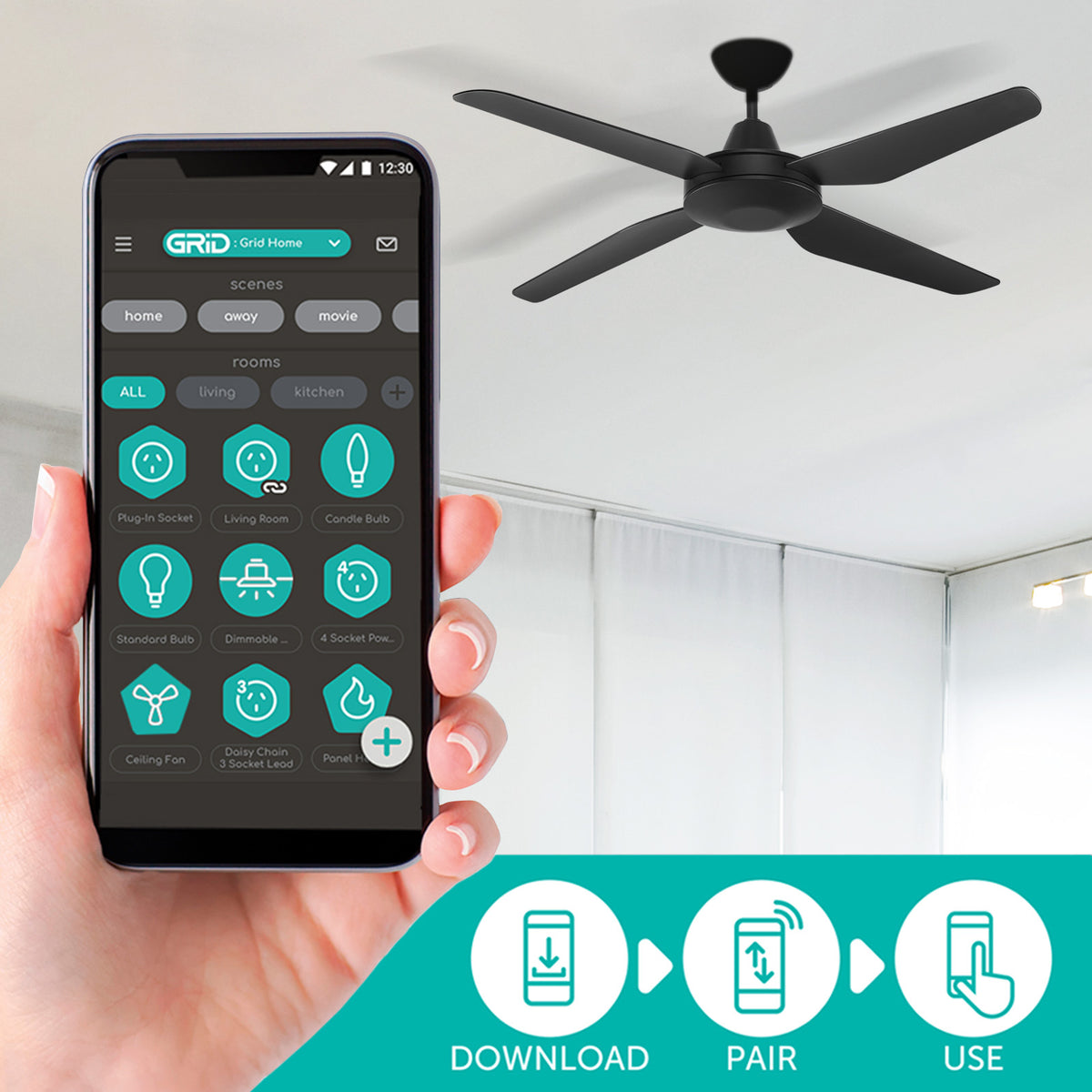 Arlec Madrid Black 4-Blade 130cm Grid Connect Smart DC Ceiling Fan