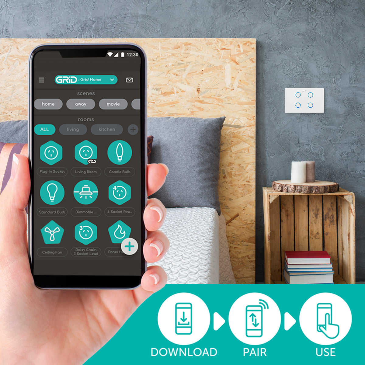 DETA Gloss White Grid Connect Smart Quad Gang Touch Light Switch