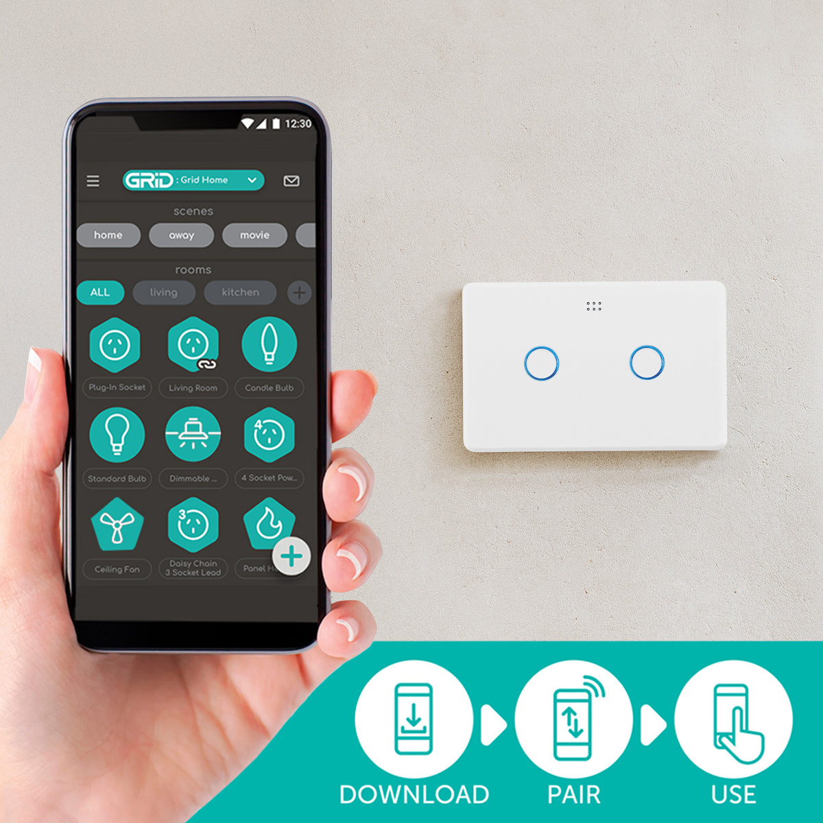 DETA Grid Connect Smart Double Gang 2 Way Touch Light Switch